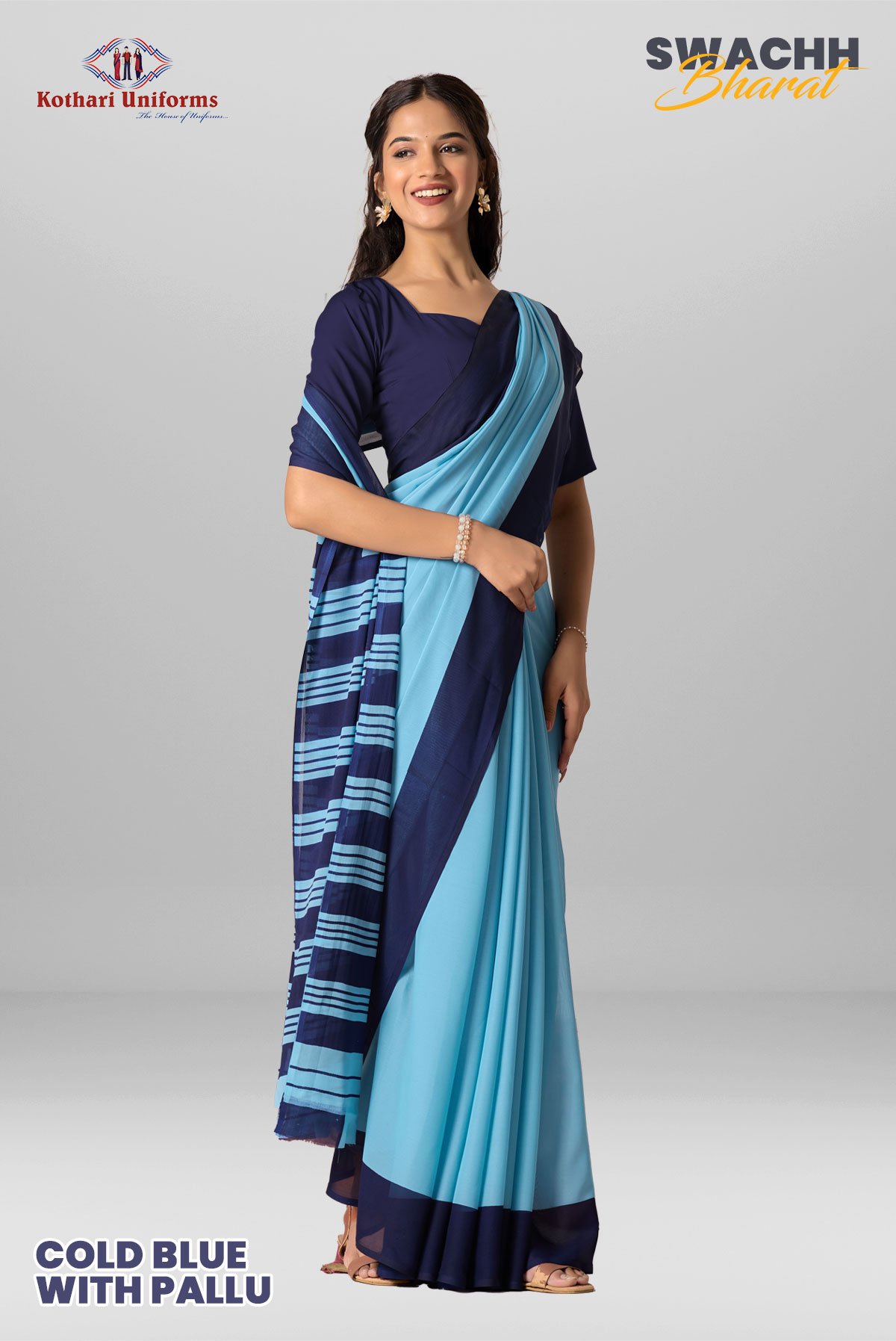 Swachh Bharat - Cold Blue with Pallu | KOTHARI UNIFORMS | Uniform Sarees